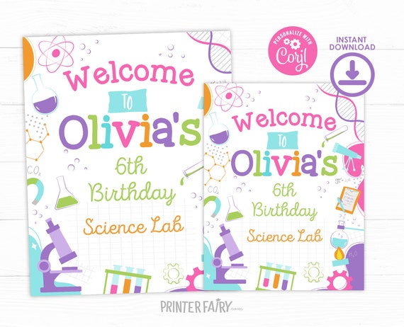 Science Birthday Party Welcome Sign, EDITABLE, Science Theme Party ...