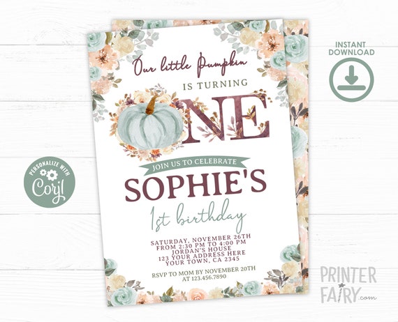 Little Pumpkin First Birthday Invitation, EDITABLE Pumpkin Invitation ...