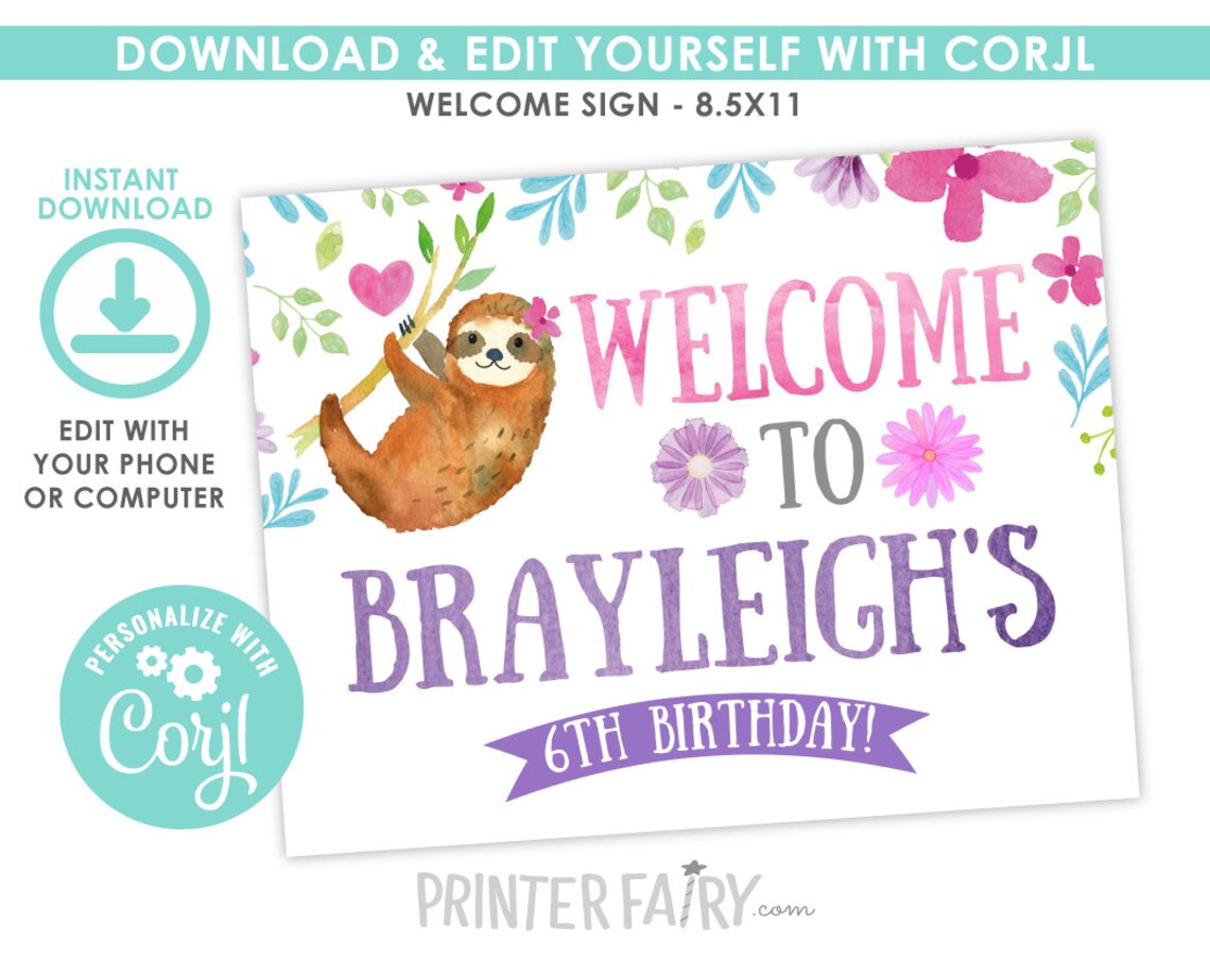 Sloth Welcome Sign EDITABLE Sloth Birthday Party Sloth - Etsy