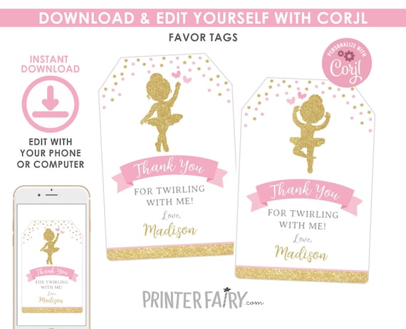 Ballerina Favor Tags, Ballet Thank You Tags, Ballerina Birthday Party ...