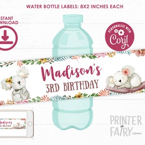 Koala Water Bottle Label, EDITABLE, Koala Label, Koala Birthday Party ...