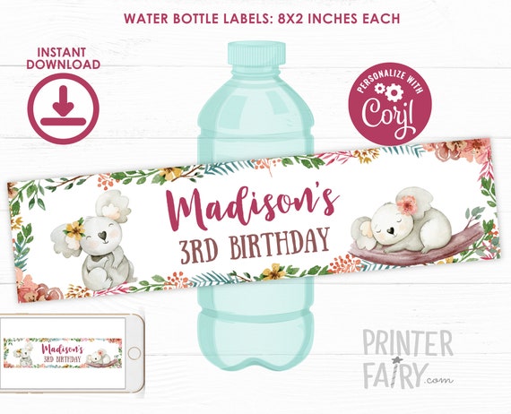 Koala Water Bottle Label, EDITABLE, Koala Label, Koala Birthday Party ...