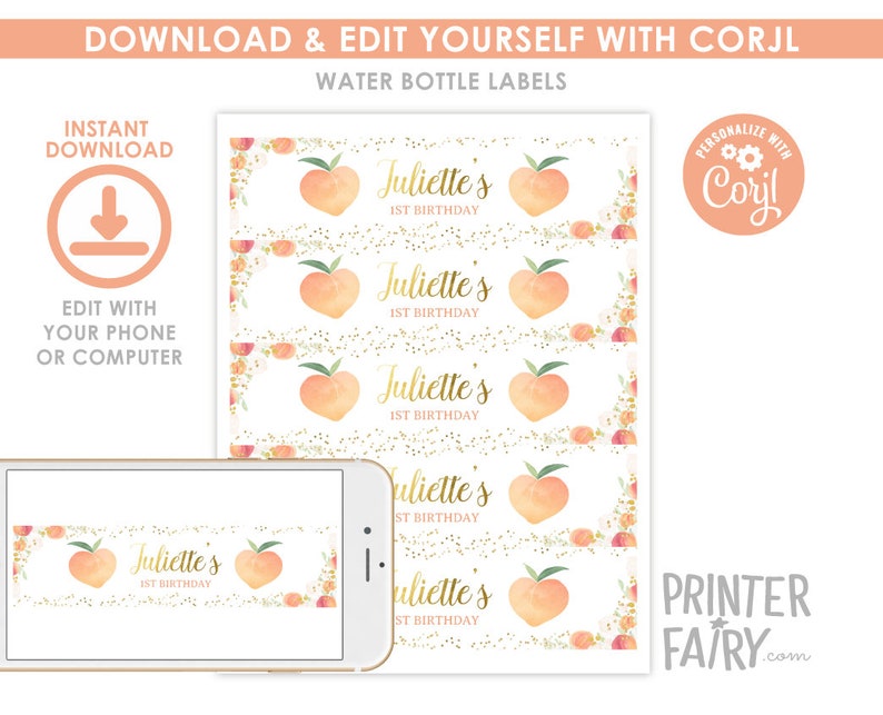 Peach Water Bottle Labels EDITABLE Sweet as a Peach Peach - Etsy