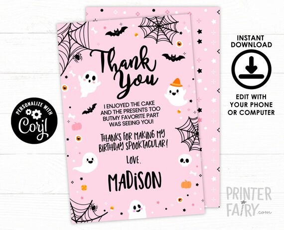 Spooky One Thank You Cards, EDITABLE Pink Halloween Thank You Notes ...