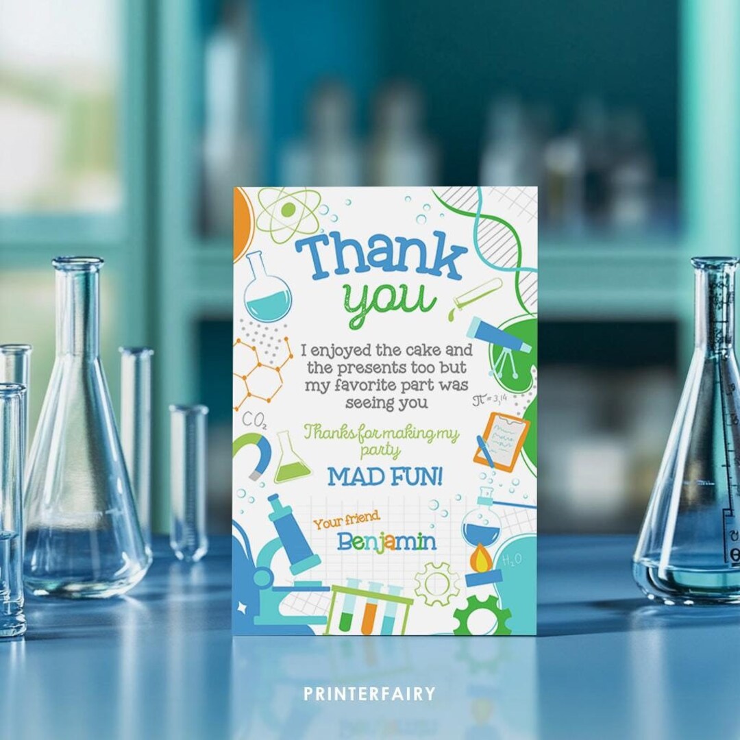 Science Birthday Thank You Card, Editable Printable - Etsy