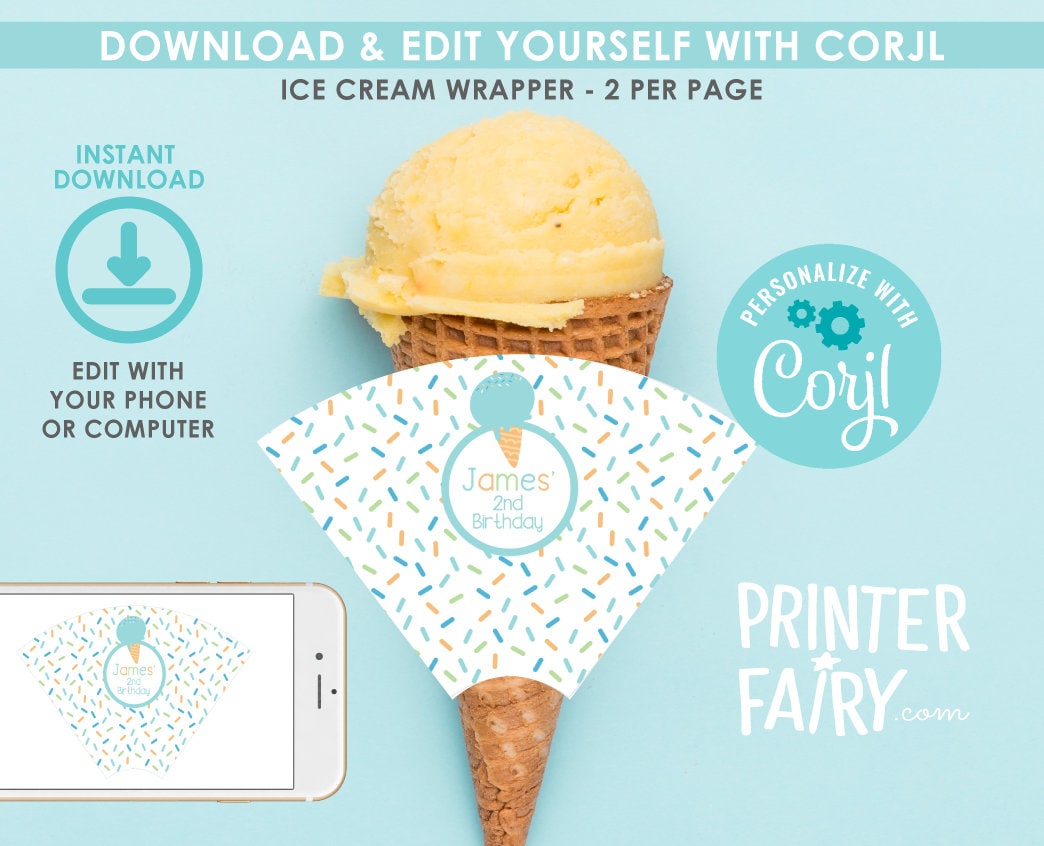 Ice Cream Cone Wrapper, EDITABLE, Ice Cream Bar, Sundae Bar Decorations ...