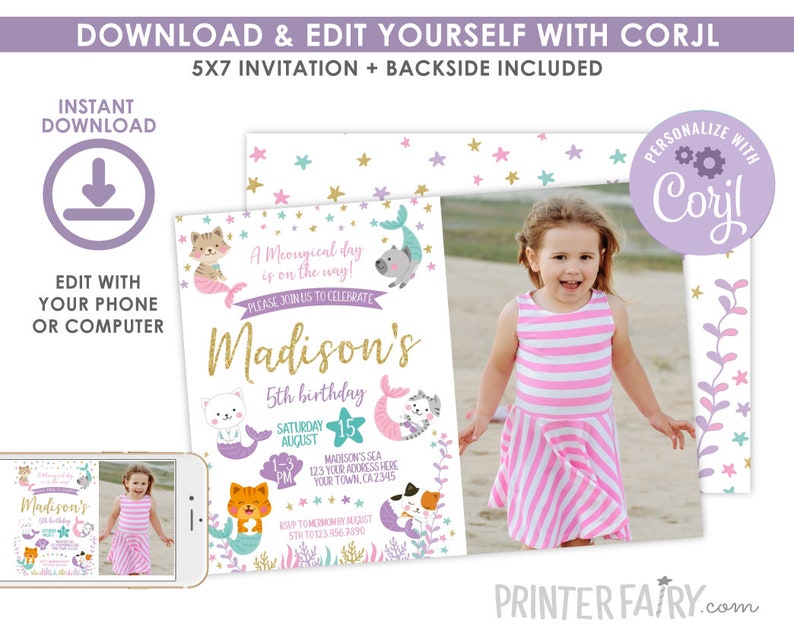 Mercat Birthday Invitation With Photo EDITABLE Meowmaid | Etsy