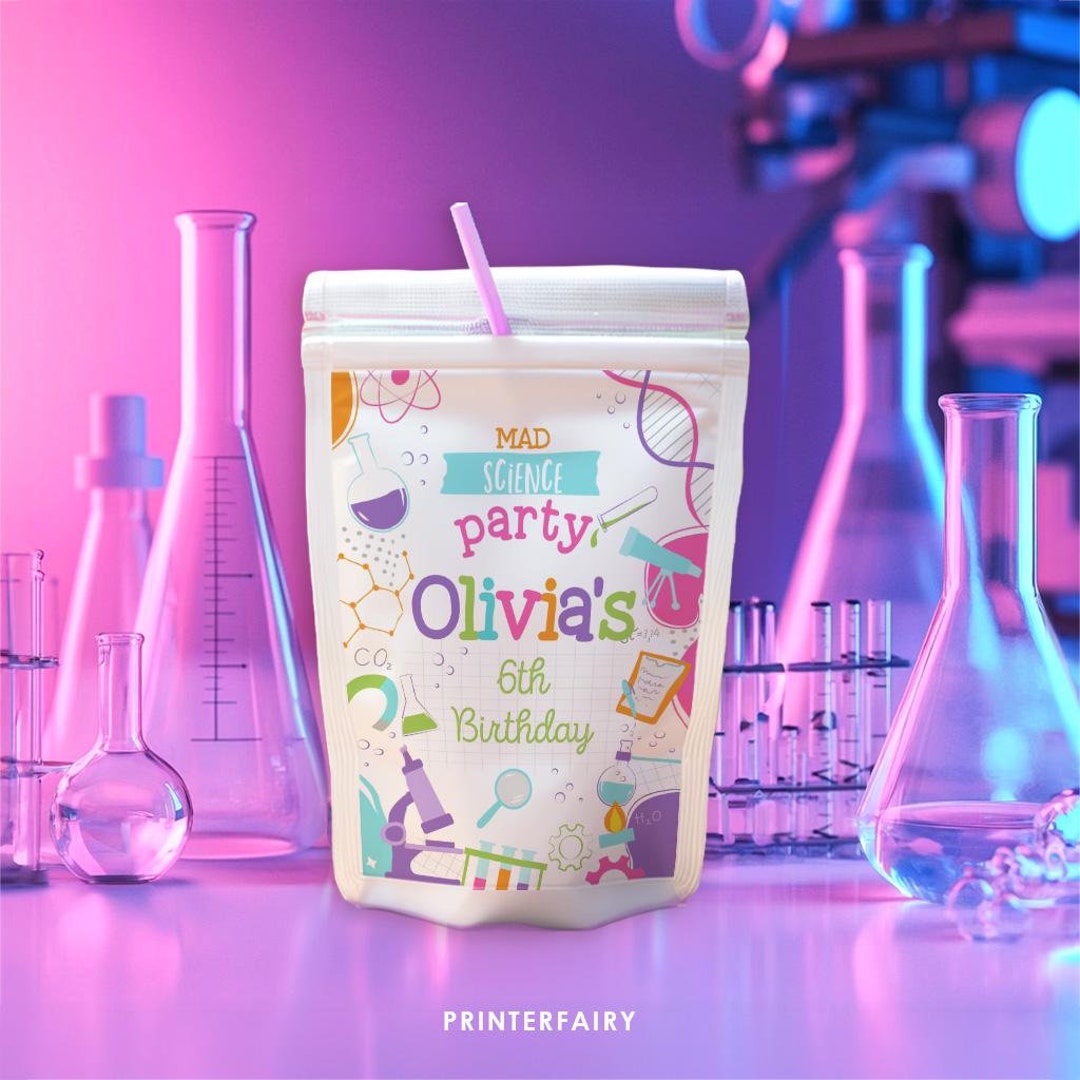 Science Birthday Party Drink Pouch Label, EDITABLE, Science Theme Party ...