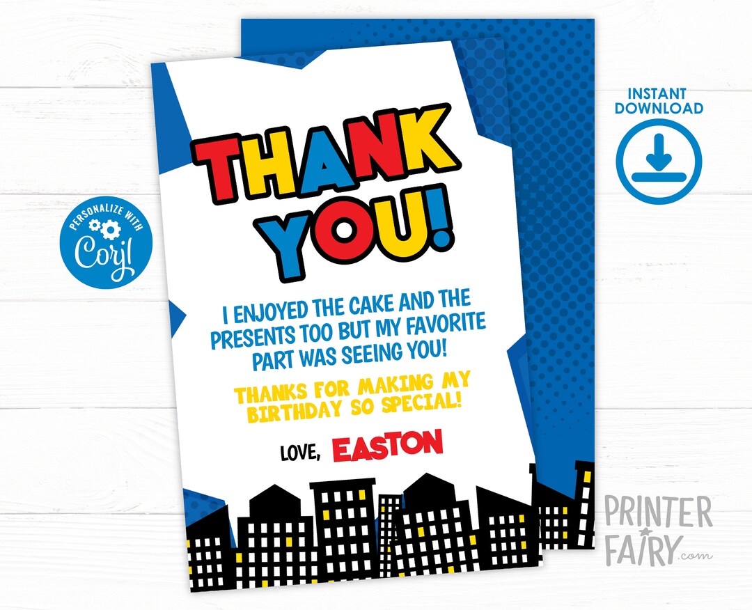 Superhero Birthday Thank You Card, Editable, Little Superhero Party ...