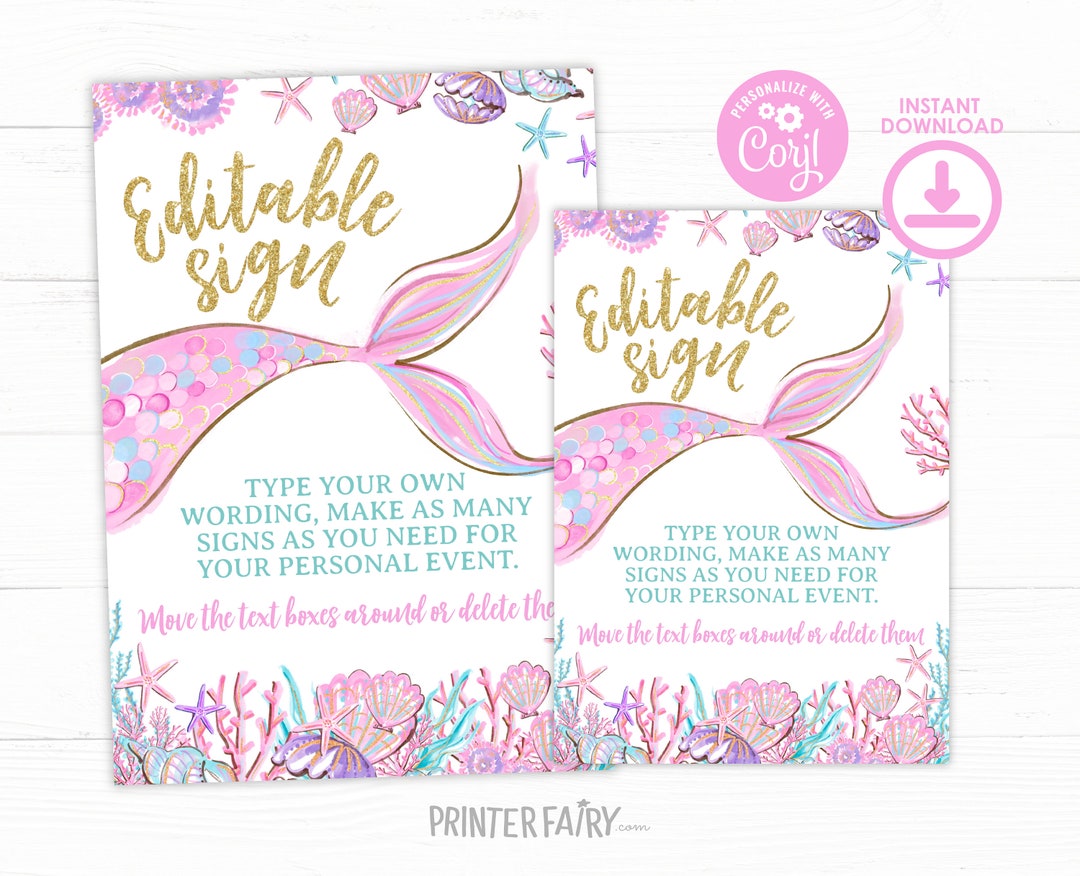 Mermaid Baby Shower Editable Sign, Editable Little Mermaid Welcome Sign ...