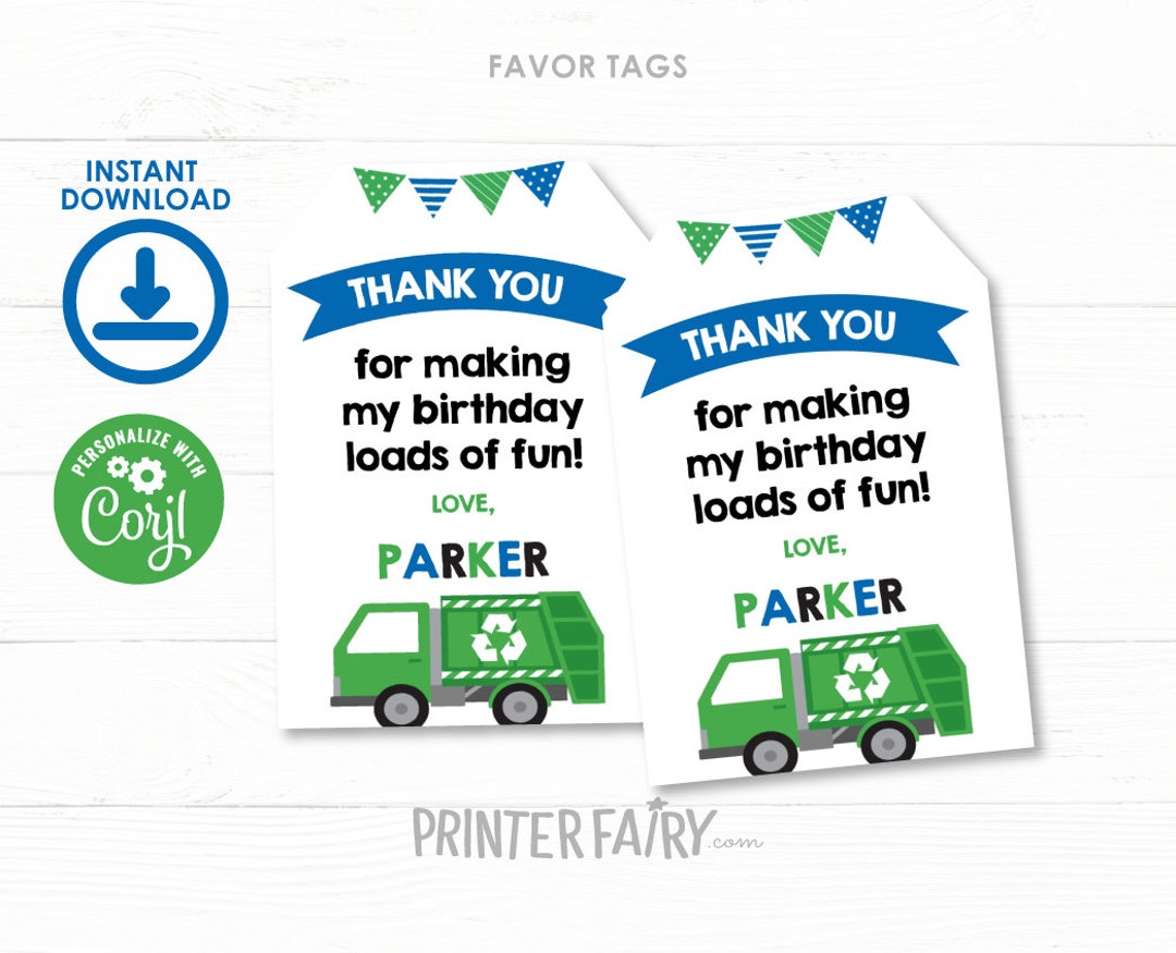Trash Truck Favor Tags, EDITABLE, Garbage Truck Birthday, Recycle Party ...