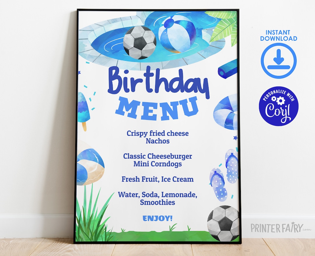 Soccer Party Menu, Pool Birthday Party Menu, Football Dinner Sign, Kids ...