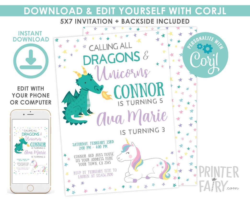 Unicorn and Dragon Birthday Invitation Editable Template, Joint Party ...