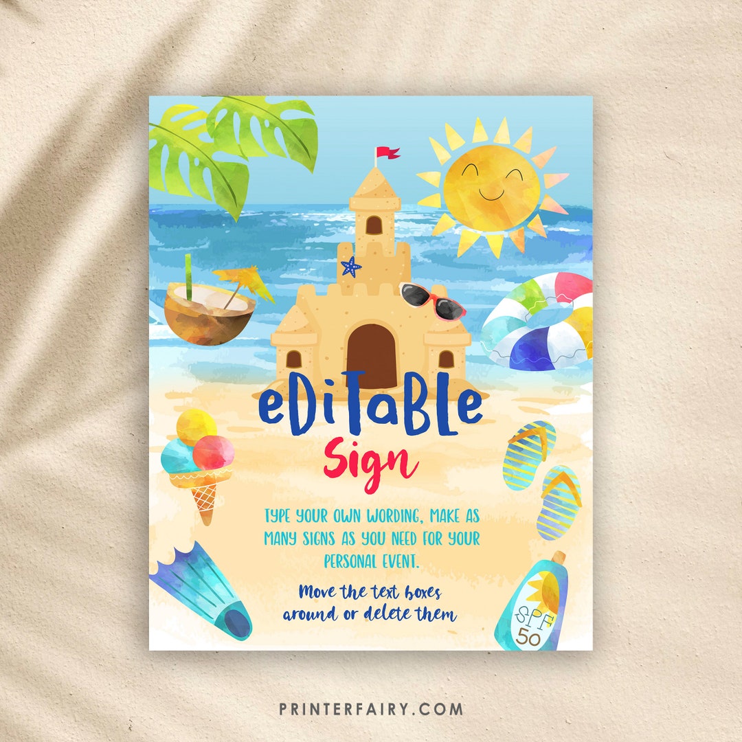 Beach Birthday Party Editable Sign, Sand Castle Welcome Sign, Summer ...
