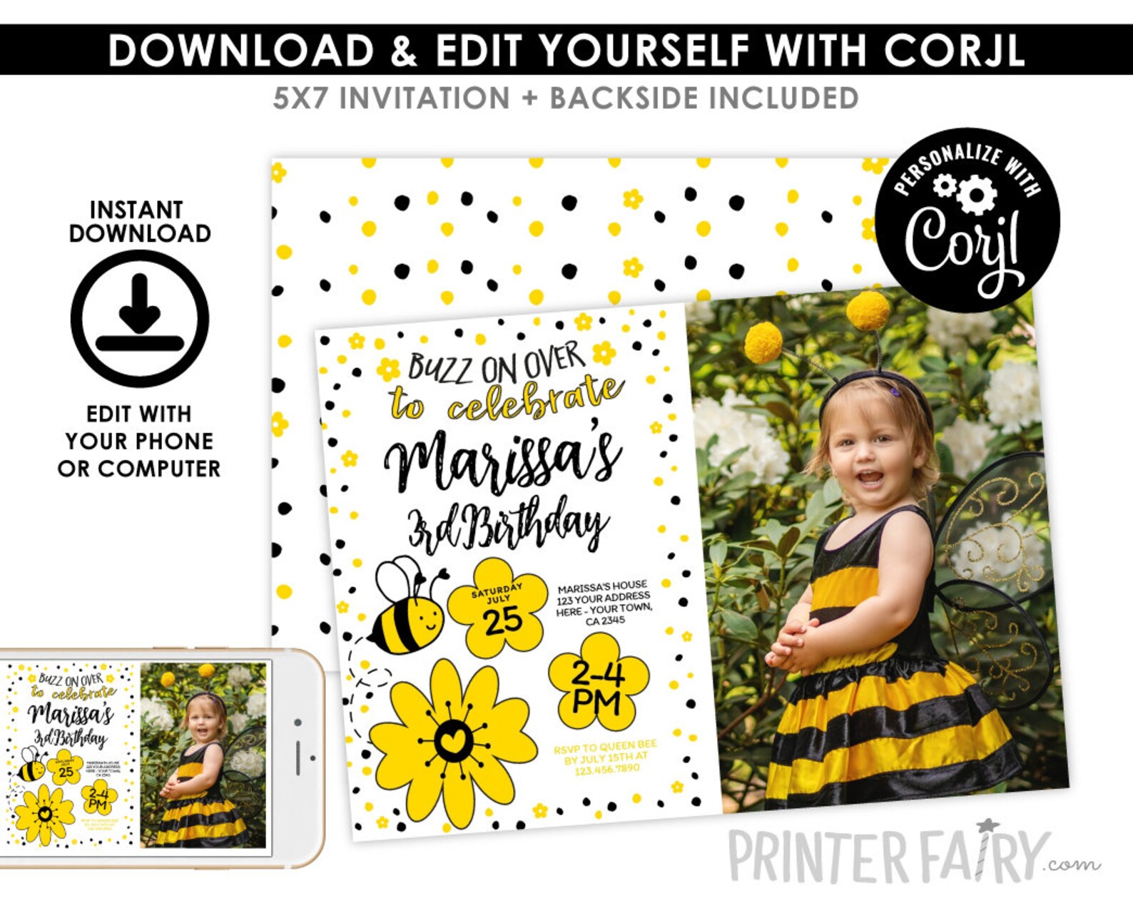 Bee Birthday Invitation Editable Honey Bee Invitation Bee - Etsy