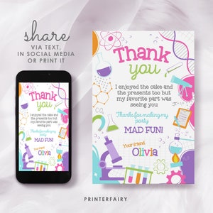 Science Birthday Party Thank You Card, EDITABLE, Science Theme Party ...