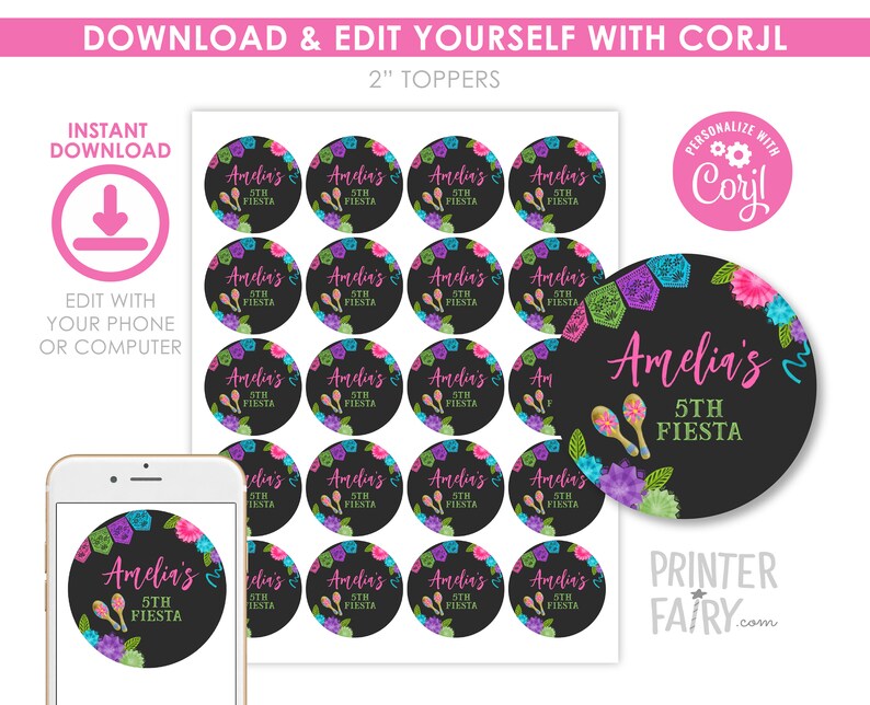 Fiesta Birthday Party Toppers, Editable Mexican Fiesta Round Stickers ...