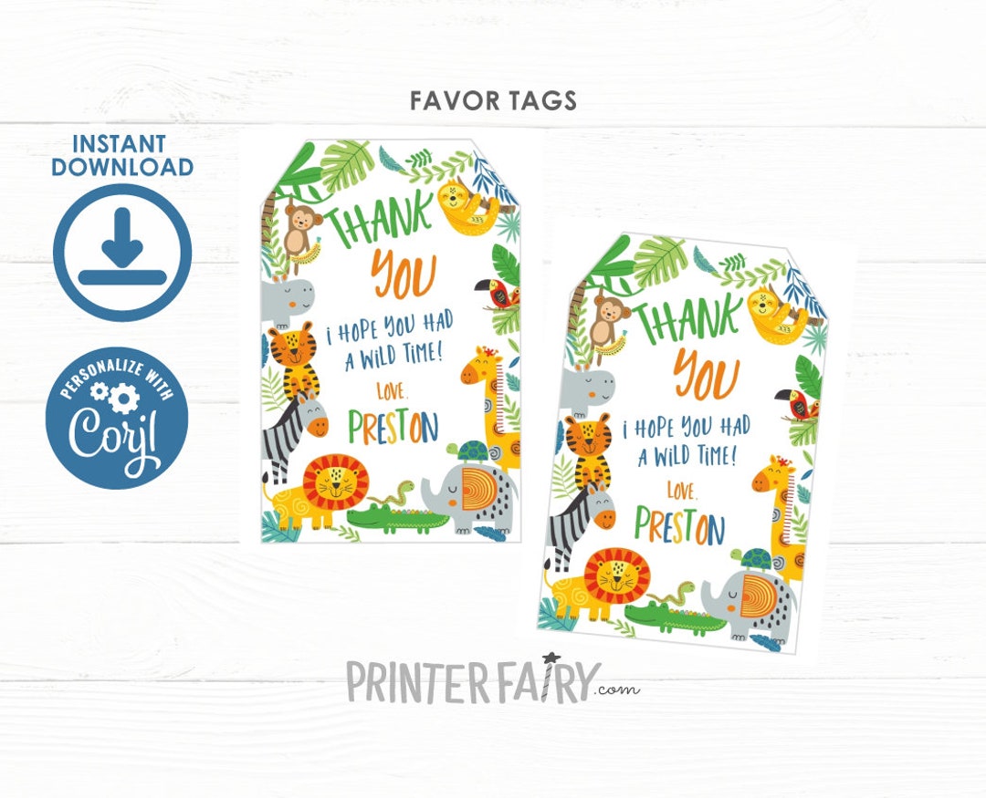 Jungle Favor Tags, EDITABLE, Tropical, Zoo Thank You Tags, Jungle ...