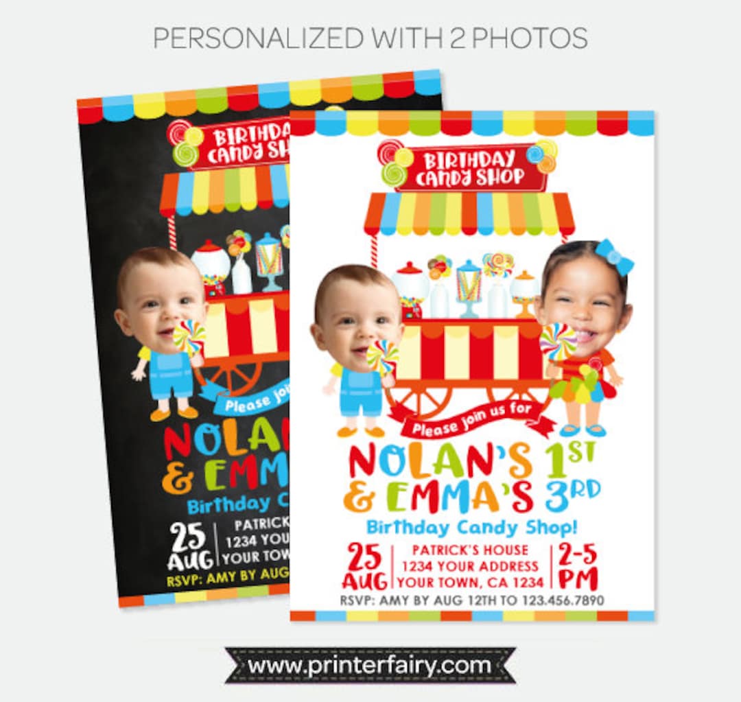 Candy Siblings Birthday Invitation With Photo, Candy Shop Birthday ...