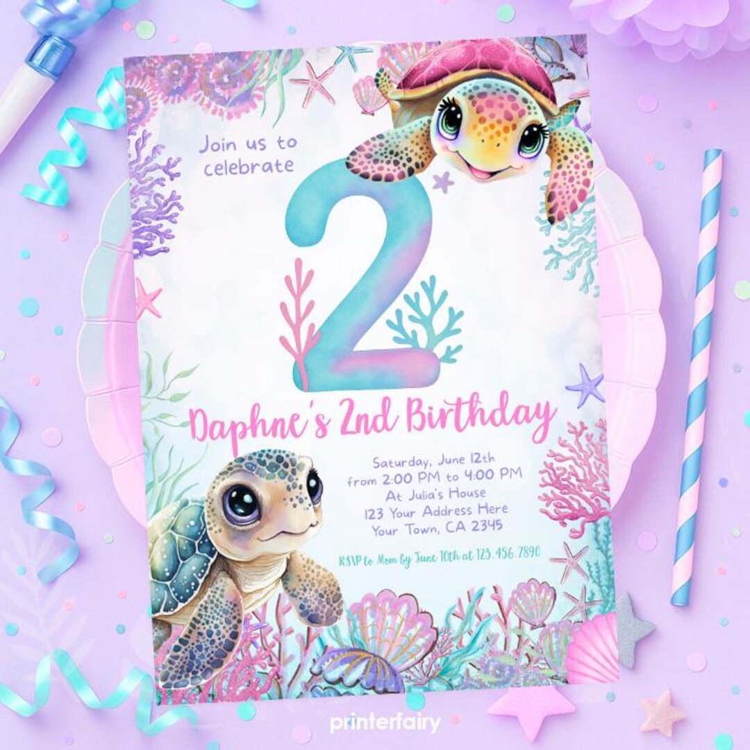 Sea Turtle 2nd Birthday Invitation, Under the Sea Party (digital ...