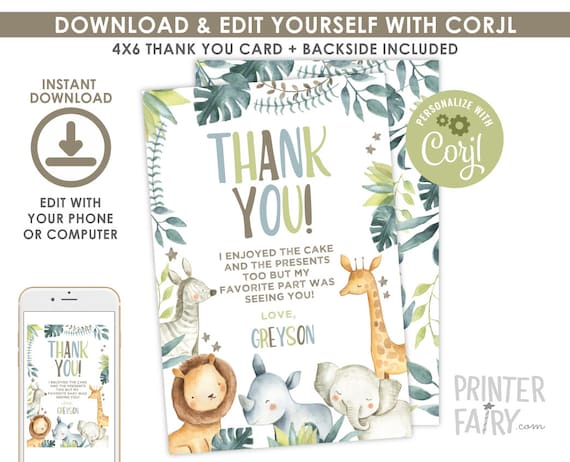 Safari Thank You Cards, EDITABLE, Jungle Thank You Notes, Jungle ...