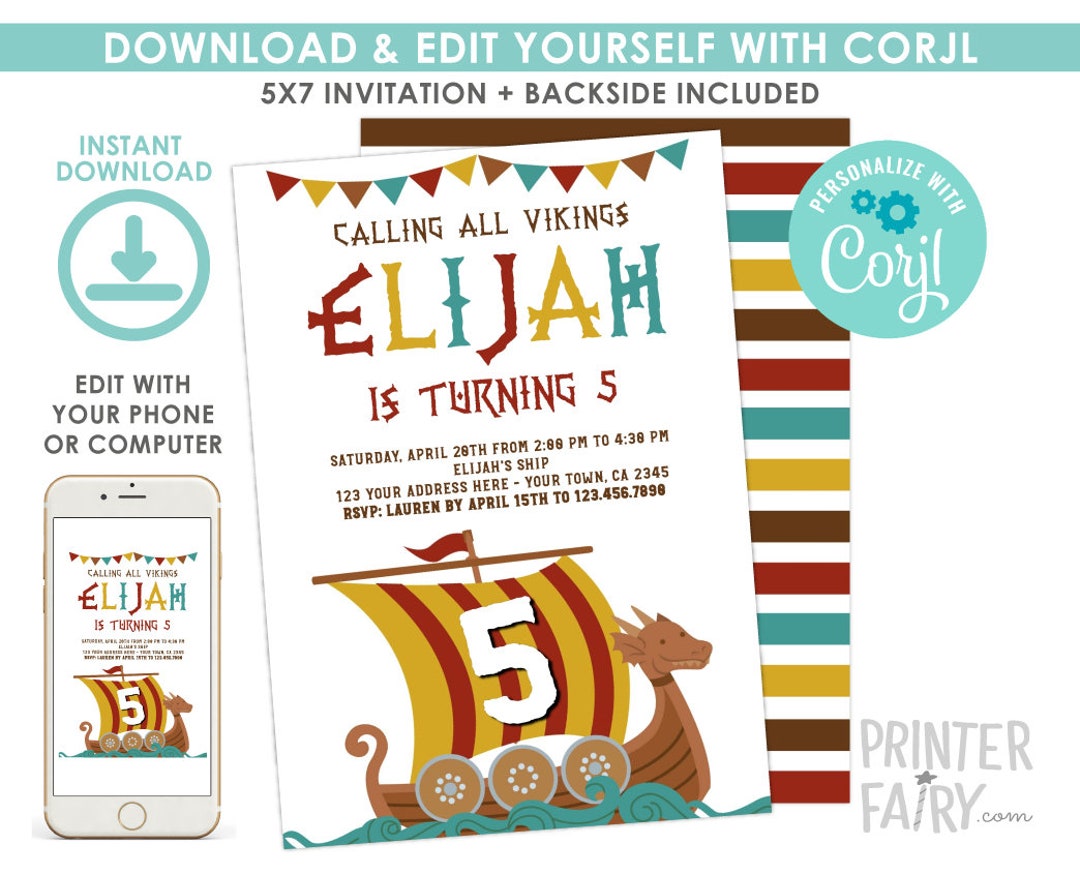 Viking Invitation EDITABLE Viking Birthday Party Dragon - Etsy