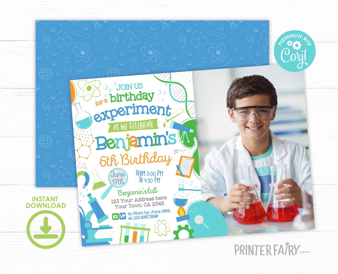 Science Birthday Party Invitation With Photo, EDITABLE, Science Theme ...
