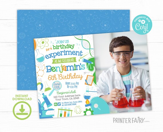 Science Birthday Party Invitation with Photo, EDITABLE, Science Theme ...