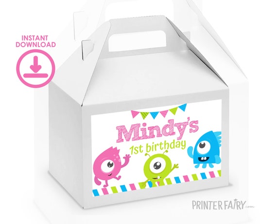 Little Monster Birthday Party Gable Box Label, EDITABLE, Monsters Party ...