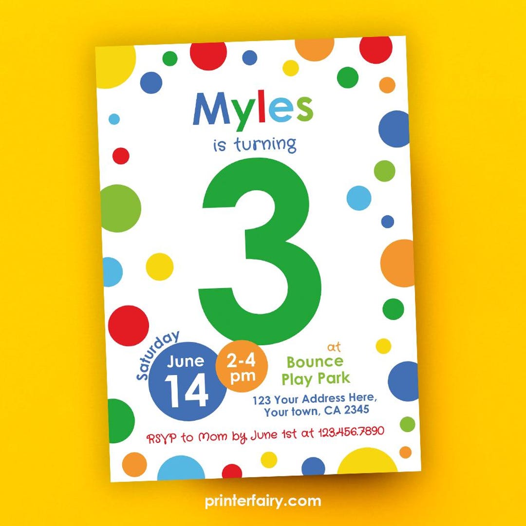 Primary Colors 3rd Birthday Invitation Editable Template, Confetti ...