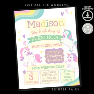 Back to School Unicorn Sign, First Day of School Editable Board, First ...