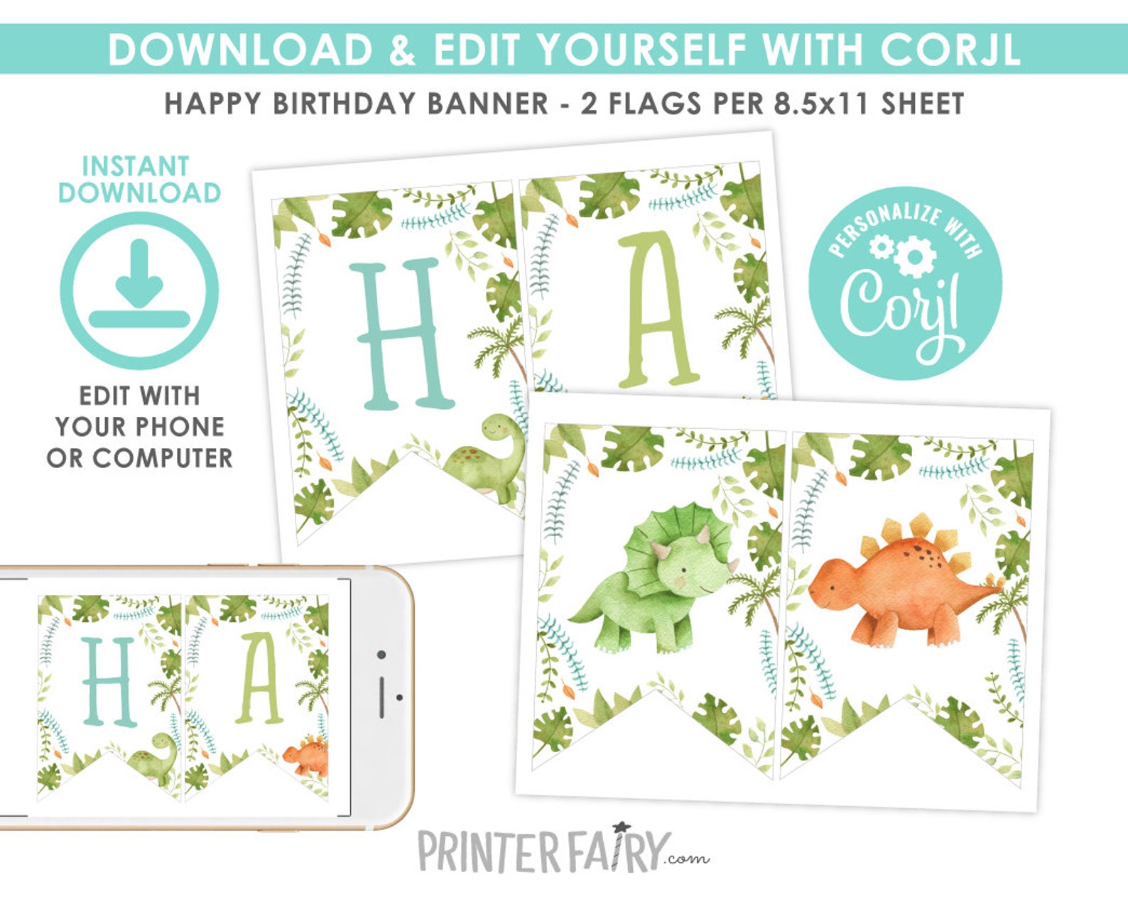 Editable Dinosaur Birthday Banner, Jungle Theme (instant Download) - Etsy