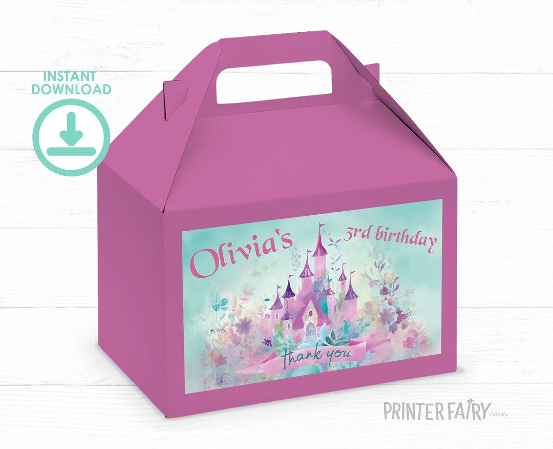 Princess Birthday Party Gable Box Label Editable Princess Castle