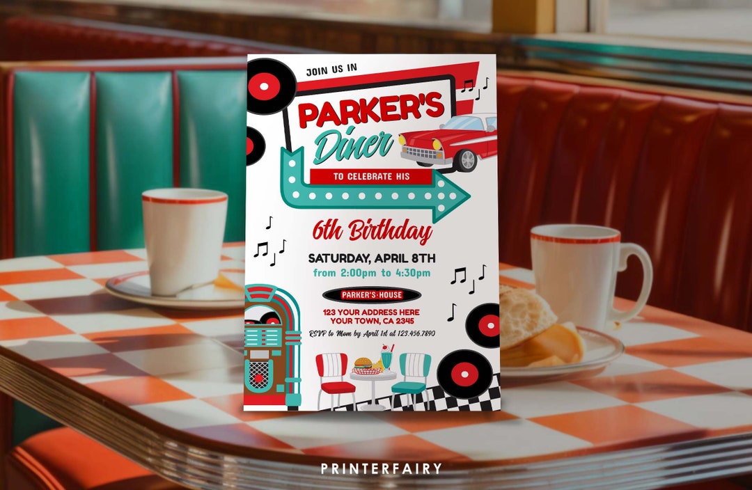 Diner Birthday Party Invitation, Editable, 1950's Party Invite ...