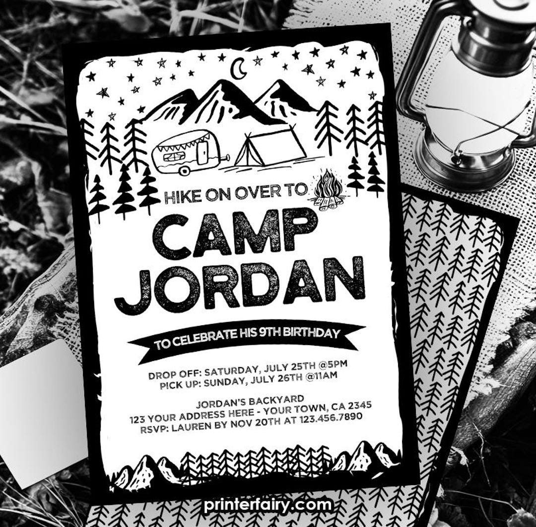 Editable Camping Birthday Invitation, Black and White (instant Download ...