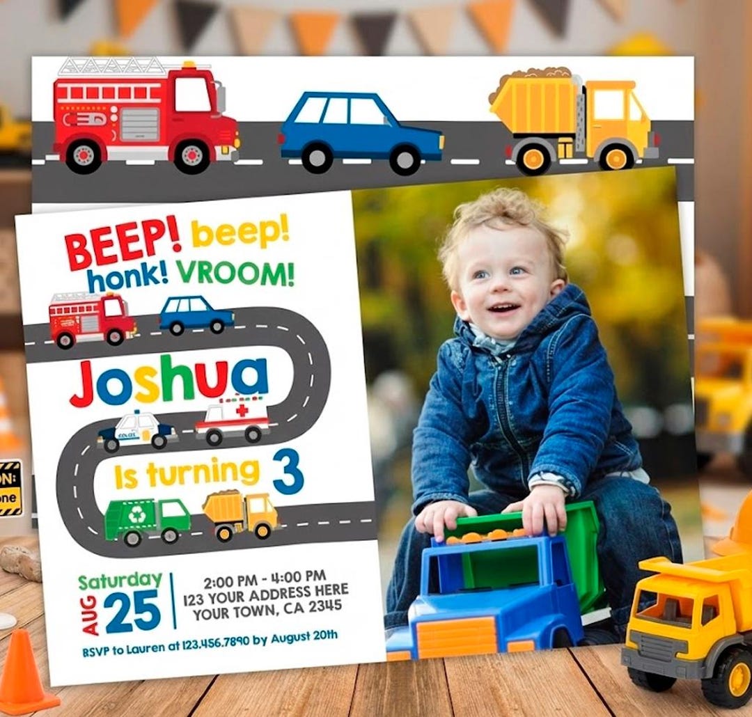 EDITABLE, Transportation Birthday Invitation, Firetruck, Police ...