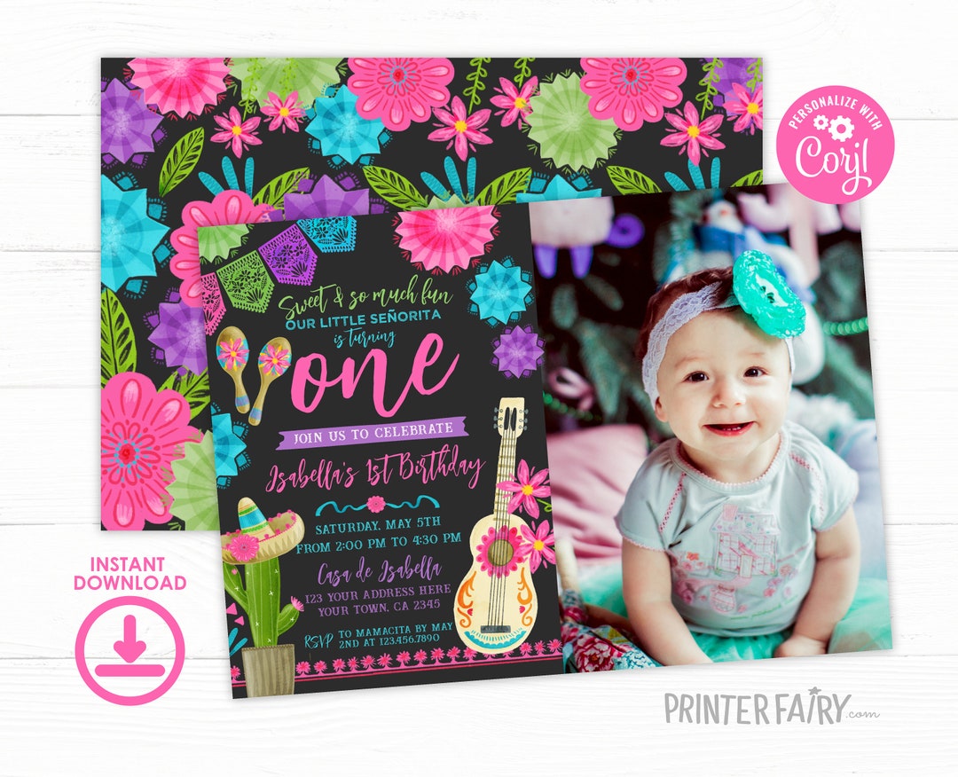 Fiesta First Birthday Party Invitation With Photo, Editable Mexican ...