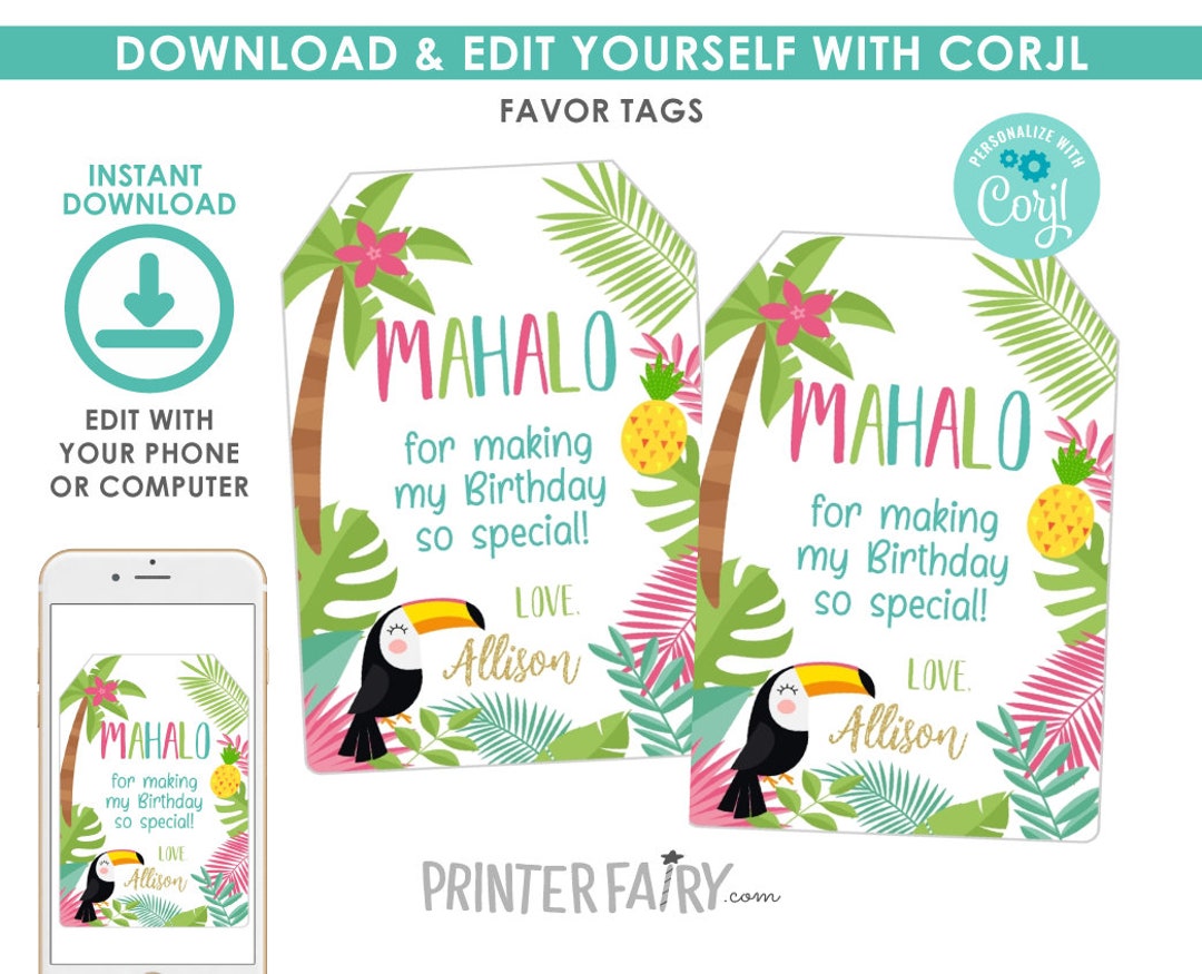 Luau Favor Tags, EDITABLE, Hawaiian Thank You Tags, Beach Birthday ...