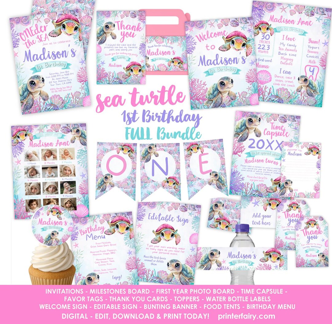 Sea Turtle 1st Birthday Party Full Editable BUNDLE, Under the Sea ...