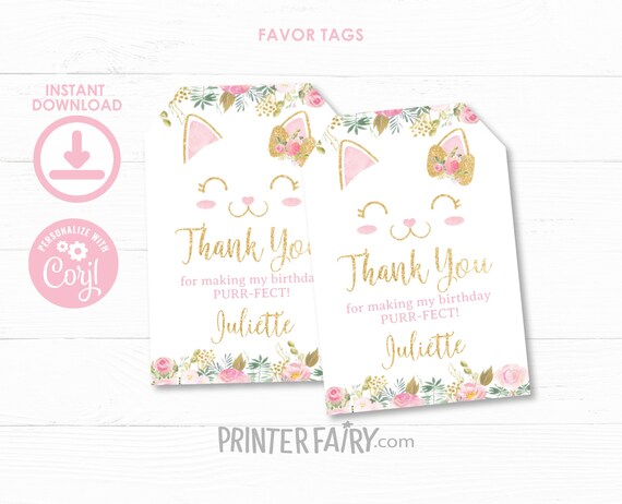 Floral Kitty Favor Tags, EDITABLE Kitty Cat Birthday, Kitty Thank You ...