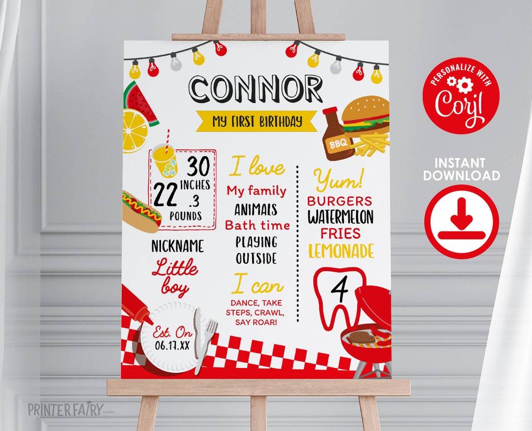 BBQ First Birthday Stats Sign, Editable BBQ Party Decorations, BBQ ...