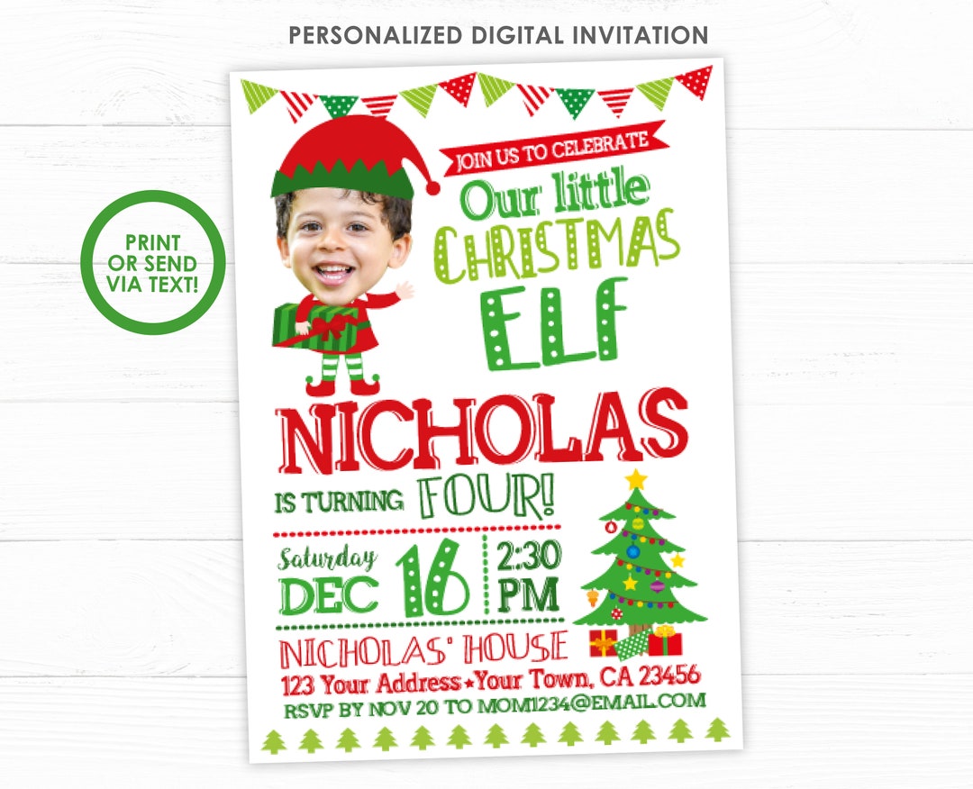 Christmas Elf Birthday Invitation, PERSONALIZED, Christmas Party ...