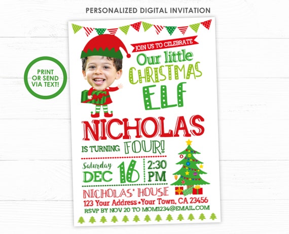 Christmas Elf Birthday Invitation, PERSONALIZED, Christmas Party ...