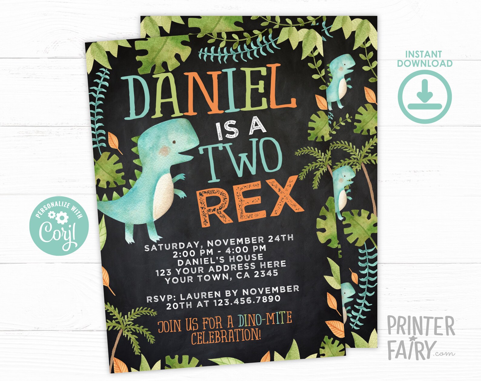 Two Rex Invitation EDITABLE Dinosaur Birthday Invitation - Etsy