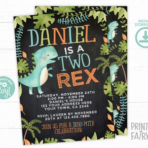 Two Rex Invitation, EDITABLE, Dinosaur Birthday Invitation, Dinosaur ...