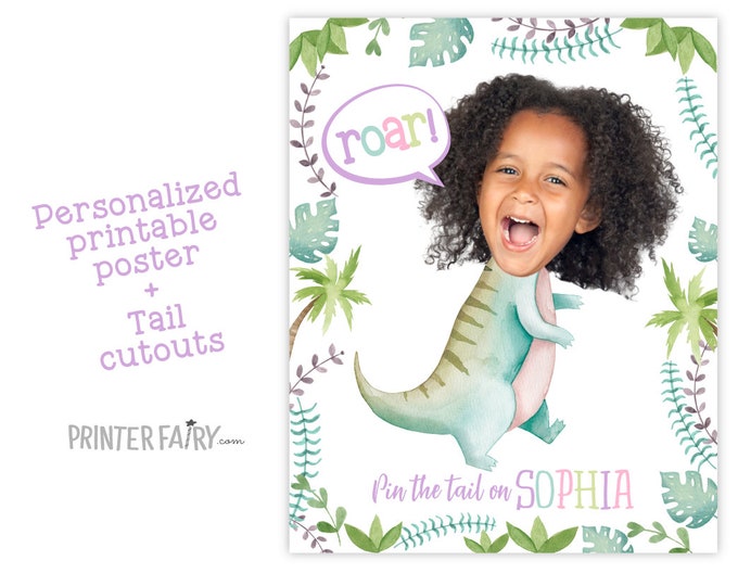 Pink Girls Pin the Tail on the Dinosaur Part Game Digital Printable ...