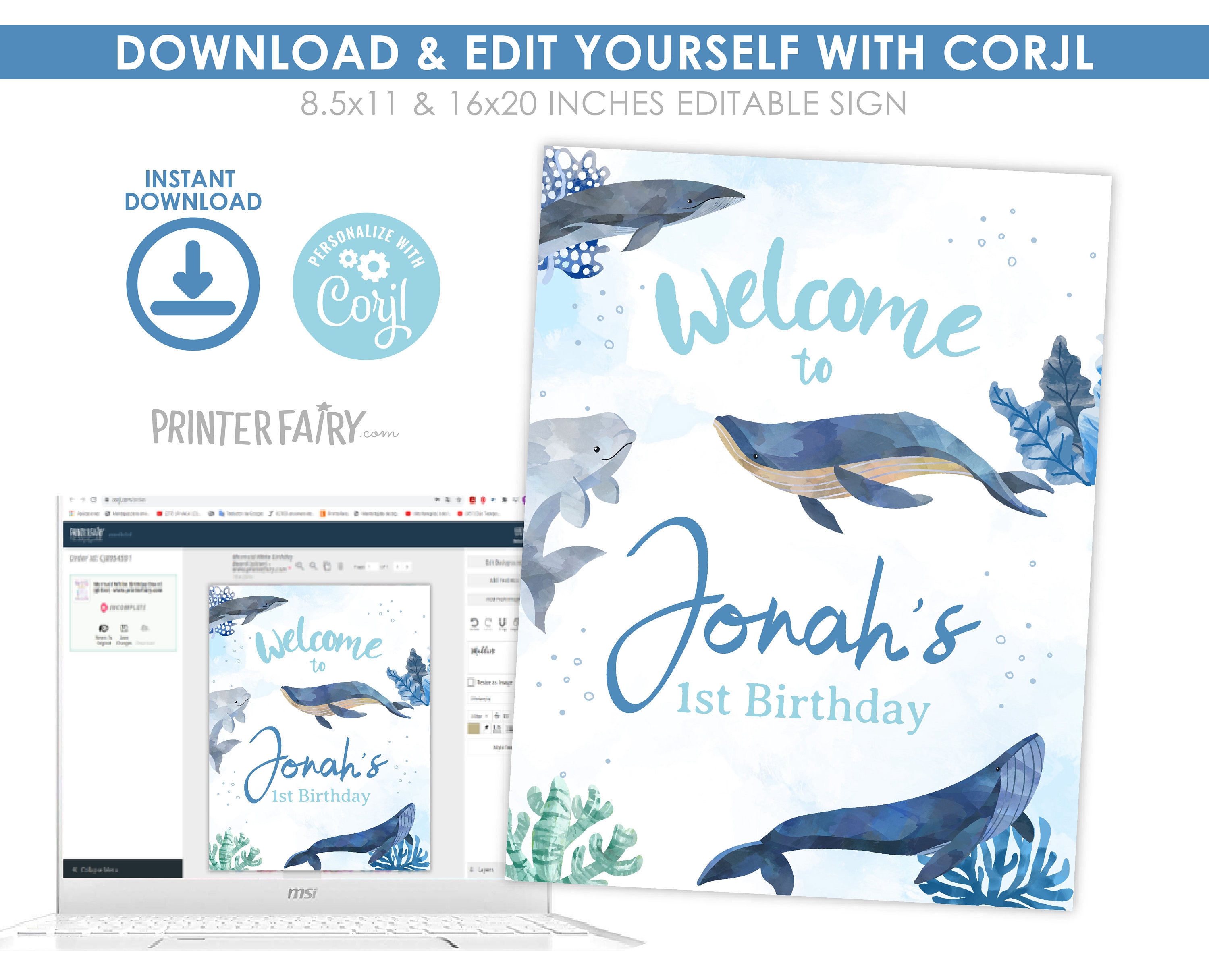 Whale Birthday Welcome Sign, Under the Sea Party (editable Printable ...