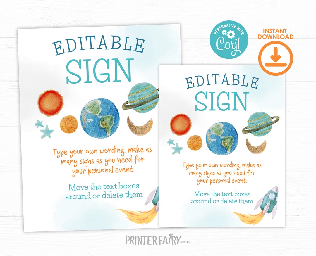 Outer Space Birthday Editable Sign, Printable Template, Planets Rocket ...