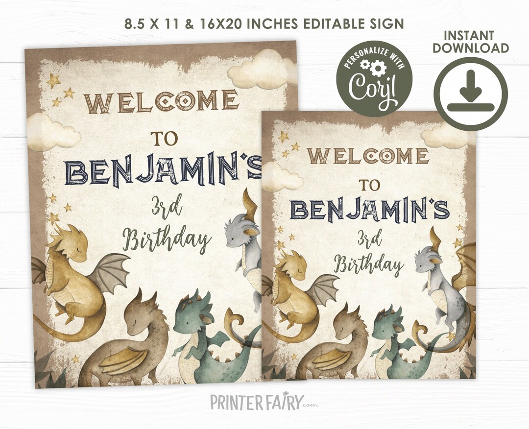 Dragon Welcome Sign, EDITABLE, Dragon Sign, Castle Birthday Party ...