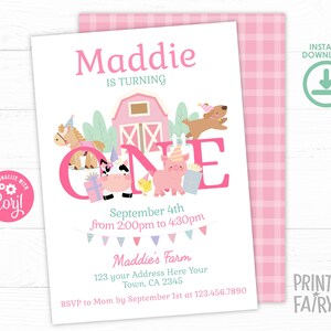 Farm Animals First Birthday Invitation, Pink Barnyard (editable ...